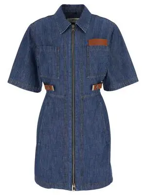 Fendi Fendi Women Blue Dress With Classic Collar And Leather Logo Patch On The Front In Denim For Women Multicolor