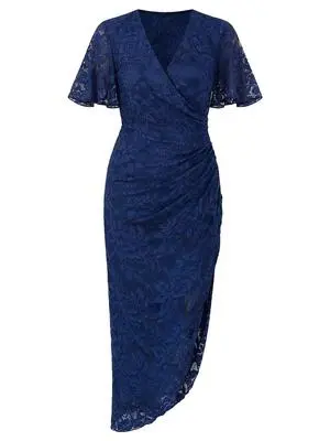 GIRL IN MIND Natasha Angel Sleeve Wrap Midi Dress In Navy - Blue