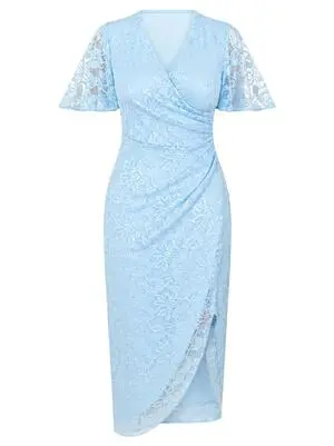 GIRL IN MIND Natasha Angel Sleeve Wrap Midi Dress In Sky - Blue