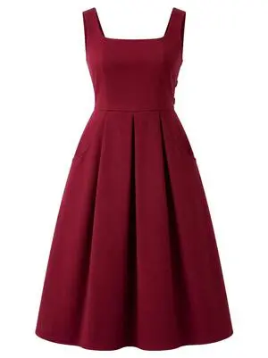 GIRL IN MIND Erica Square Neck Pleated Midi Dress Berry - Red