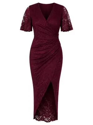GIRL IN MIND Natasha Angel Sleeve Wrap Midi Dress In Wine - Red