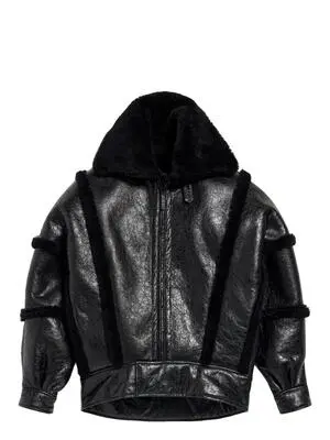 Balenciaga High Collar Leather Jacket With Shearling Details And Lining - Black