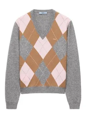 Prada Argyle Cashmere V-neck Sweater - Grey