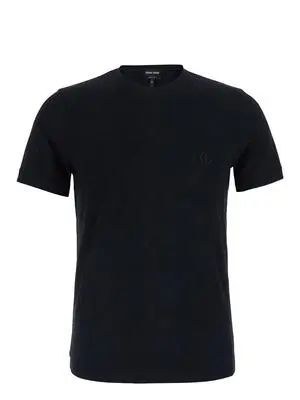 Giorgio Armani Crew Neck T-shirt With Logo Embroidery On The Front In Stretch Viscose For - Black