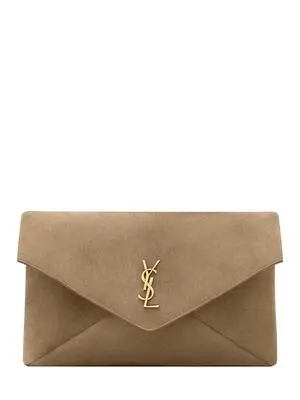 Saint Laurent CASSANDRE Large Envelope Pouch In Suede In Beige Light Cumin