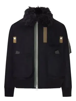Sacai Bomber Jacket With Faux Fur Collar - Black