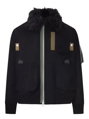 Sacai Bomber Jacket With Faux Fur Collar - Black