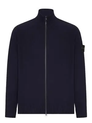 Stone Island Full Zip Wool Sweater With High Neck - Blue