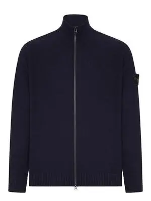 Stone Island Full Zip Wool Sweater With High Neck - Blue