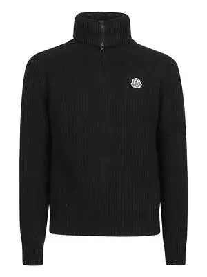 Moncler Ribbed Wool Turtleneck With Logo - Black