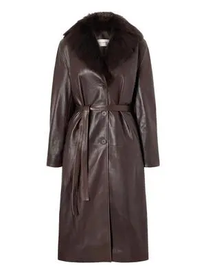 Nour Hammour Niven Belted Shearling-trimmed Leather Trench - Brown
