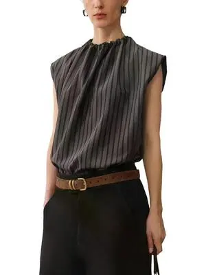 LESS Shirred-neck Striped Blouse