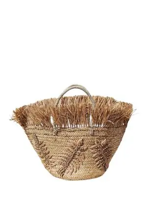 OHSUN Ohsun Hand-Embroidered Straw Tote With Fringe And Gold-Tone Bead Detailing