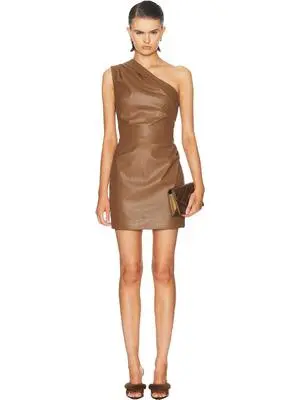 Ronny Kobo Faux Leather One-shoulder Dress - Saddle