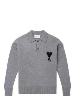 AMI Paris Logo-instarsia Wool Polo Sweater - Gray