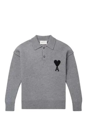 AMI Paris AMI PARIS - Logo-Intarsia Wool Polo Sweater - Men - Gray - XS Gray