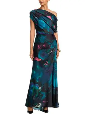 Aqua One Shoulder Satin Column Gown - Teal/multi