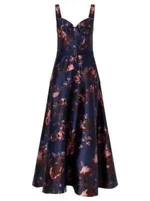 Erdem Belted Floral-print Duchess-satin Bustier Midi Dress - Navy