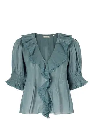 DÔEN Henri Lace-Trimmed Organic Cotton Blouse Turquoise