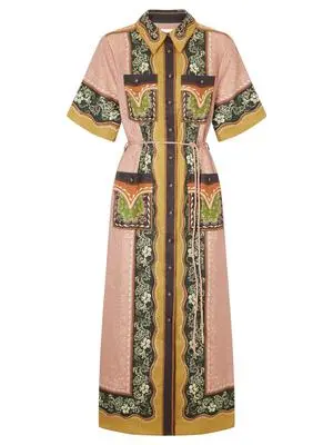 ALEMAIS Darcey Belted Printed Hemp Midi Dress - Multi