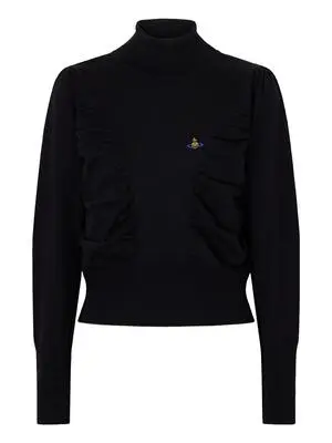 VIVIENNE WESTWOOD Pamela Logo-embroidered Gathered Wool High-neck Sweater - Black