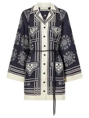 ALEMAIS Banderra Belted Printed Linen Mini Dress - Black