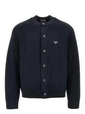 Emporio Armani Wool And Cotton Crewneck Cardigan - Blue