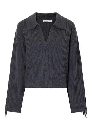 Simkhai Natalia Fringed Ribbed Wool And Recycled Cashmere-blend Polo Sweater Charcoal