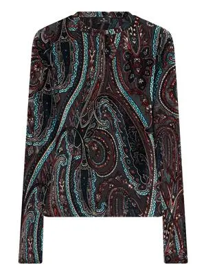 Etro Printed Velvet-trimmed Mesh Blouse - Blue