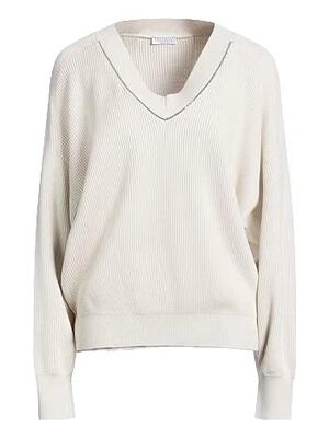 Brunello Cucinelli Solidcolor Vneck Knit Sweater - White