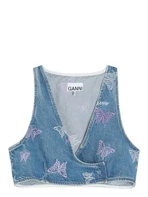 GANNI Sleeveless Denim Cropped Top - Blue
