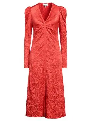 GANNI Solid-colored V-neck Long-sleeve Flared Dress - Red