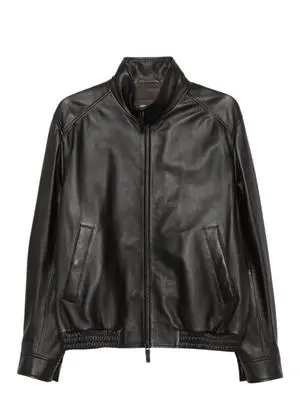 Emporio Armani High-neck Zip-up Leather Jacket - Meteorite