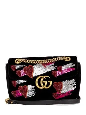 Gucci Embellished Velvet Gg Marmont Shoulder Bag - Black