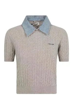Miu Miu Miu Miu Cable-Knit Denim-Collar Sweater Neutrals