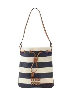 MIU MIU 2010-2026 Striped Canvas Logo Drawstring Handbag