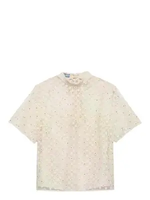 Prada Embroidered Lace Top Neutrals