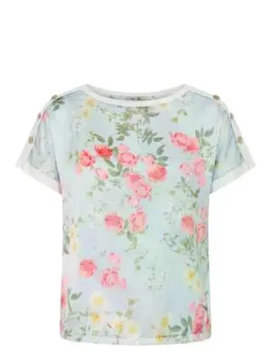 Liu Jo Floral-print Button-detail T-shirt - Blue