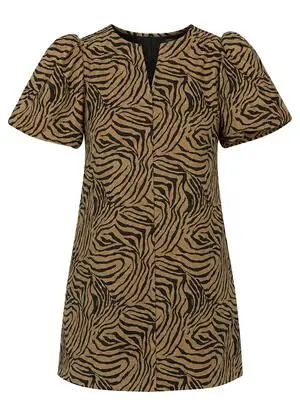 GIRL IN MIND Kiri Zebra Puff Sleeve Mini Dress Khaki - Brown