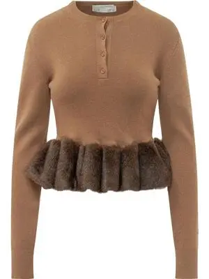 Stella McCartney Stella McCartney Faux Fur Trim Peplum Knitted Jumper Brown