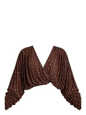 CELESTINE & MAE Brown Luna Polka Dot Ruched Wrap Top