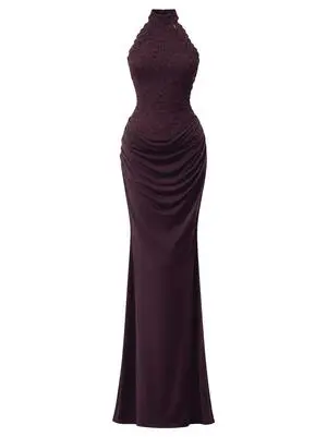 CELESTINE & MAE Aurora Draped Halterneck Lace Maxi Dress - Brown
