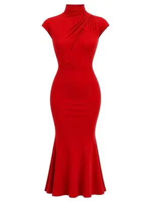 CELESTINE & MAE Red Adara High Neck Wrap Midi Dress