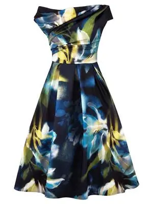 GIRL IN MIND Betty Asymmetric Neckline Large Floral Skater Midi Dress Sapphire - Blue