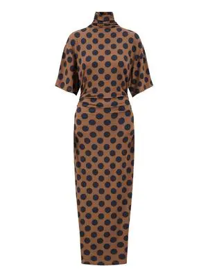 Lela Rose Polka Dot Jersey Turtleneck Dress - Brown