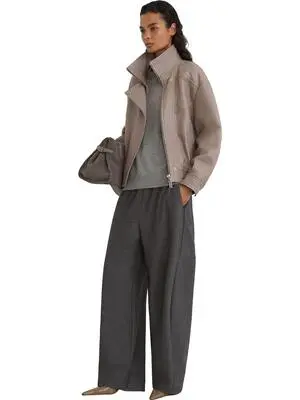 REISS Petra Textured Leather Oversized Jacket Grey