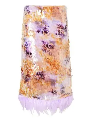 Staud Lark Sequin-embellished Feather-trimmed Mesh Midi Skirt Multi