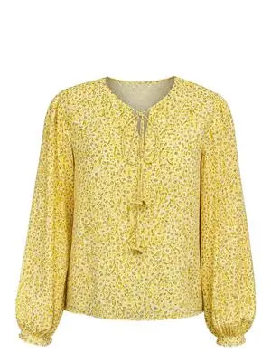 EXQUISE Florenz Crew Neck Tie Front Patterned Blouse Multi Color - Yellow
