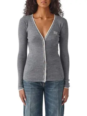 Elisabetta Franchi Slim Fit Wool Cardigan With Contrast Trim And Logo - Grey