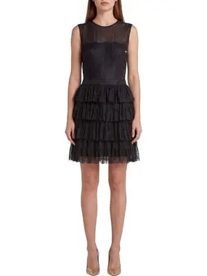 ELISABETTA FRANCHI A-line Off-the-shoulder Lace And Tulle Mini Dress With Ruffles